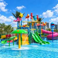 China Popular Water Park Themed Fish Splash Bucket Water Playground With Multi Slide Decks For Kids for sale