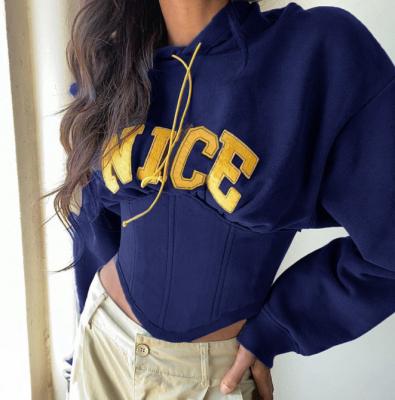 China Cotton Blen Sports Team Hoodies Embroidery Women Crop Top Hoodie With Corset for sale