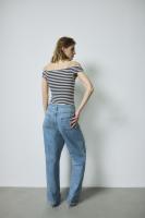 China Navy White Striped Black Knitted Custom  Bodysuit Denim Jeans L Size for sale