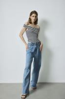 China Navy White Striped Black Knitted Custom  Bodysuit Denim Jeans L Size for sale