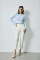 China Blue Ribbed Long-Sleeve Lettuce-Hem Cropped Top & White High-Waist Cropped Straight-Leg Jeans Set for sale