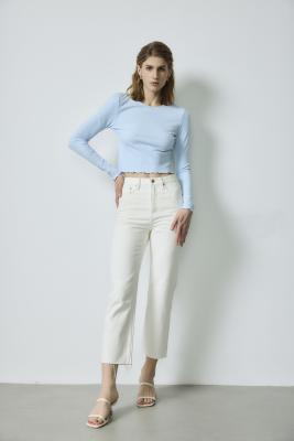 China Blue Ribbed Long-Sleeve Lettuce-Hem Cropped Top & White High-Waist Cropped Straight-Leg Jeans Set for sale
