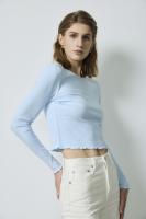 China Blue Ribbed Long-Sleeve Lettuce-Hem Cropped Top & White High-Waist Cropped Straight-Leg Jeans Set for sale