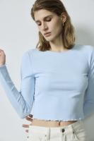 China Blue Ribbed Long-Sleeve Lettuce-Hem Cropped Top & White High-Waist Cropped Straight-Leg Jeans Set for sale
