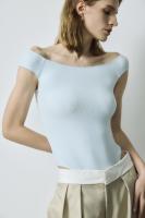 China Blue Ribbed Long-Sleeve Lettuce-Hem Cropped Top & White High-Waist Cropped Straight-Leg Jeans Set for sale