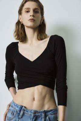 China Modal Spandex Basic Long Sleeve Crop Top Ribbing Short Sleeve Plain Black for sale