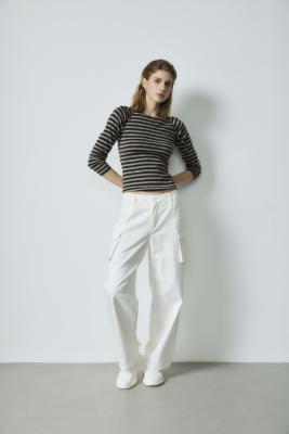 China Striped Wool Base Layer Three Quarter Sleeve Cropped Base Layer Wool Pullover Shirt for sale