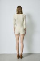 China Beige Ribbed Knit V Neck Half Placket Long Sleeve Romper for sale