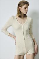 China Beige Ribbed Knit V Neck Half Placket Long Sleeve Romper for sale