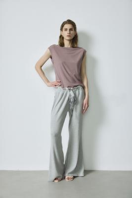 China Pink Basic Tops Dolman Sleeve Shirt Ribbed T Shirt Grey Flare Pants Set for sale