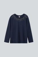 China Navy Blue Beaded Embellished Neckline Long Sleeve Blouse Wrinkle Resistant for sale