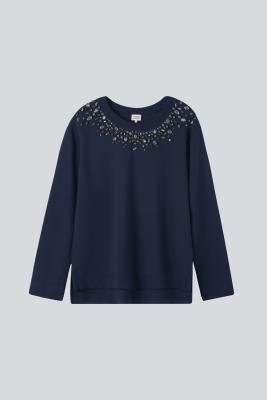 China Navy Blue Beaded Embellished Neckline Long Sleeve Blouse Wrinkle Resistant for sale