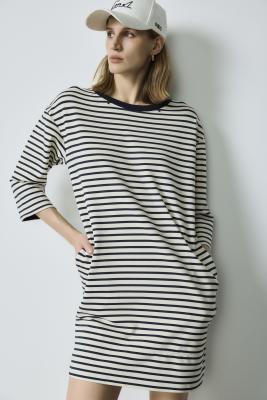 China Oversized 3 4 Sleeve Cotton Dress  Black And White Striped Cotton Dress for sale