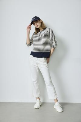 China Breathable Cotton Blend Navy Cream Nautical Stripe Relaxed Fit Top for sale