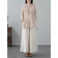 China Embroidered Linen Wide-Leg Pants Set for sale