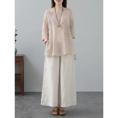 China Embroidered Linen Wide-Leg Pants Set for sale