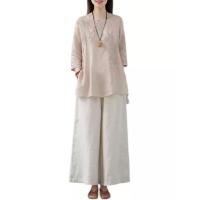 China Embroidered Linen Wide-Leg Pants Set for sale