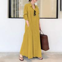 China Cotton Linen Maxi Shirt Dress - Loose A-Line Long Sleeve for sale
