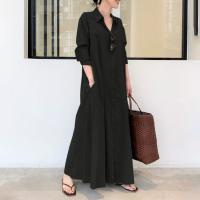 China Cotton Linen Maxi Shirt Dress - Loose A-Line Long Sleeve for sale