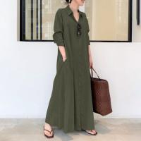 China Cotton Linen Maxi Shirt Dress - Loose A-Line Long Sleeve for sale