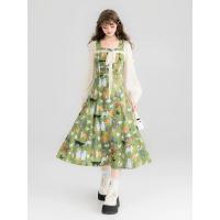 China Pastoral Floral Print Dress - Women's Square Neck A-Line Vacation Dress for sale