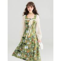 China Pastoral Floral Print Dress - Women's Square Neck A-Line Vacation Dress for sale