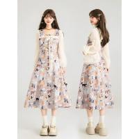 China Pastoral Floral Print Dress - Women's Square Neck A-Line Vacation Dress for sale