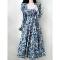 China Vintage Floral Wrap-Style Dress - Women's Square Neck Smocked Waist Midi Dress for sale