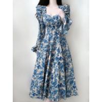 China Vintage Floral Wrap-Style Dress - Women's Square Neck Smocked Waist Midi Dress for sale
