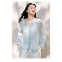 China Mulberry Silk Ruffle Trim Blouse - Women's Soft Pleated Short-Sleeve Top for sale