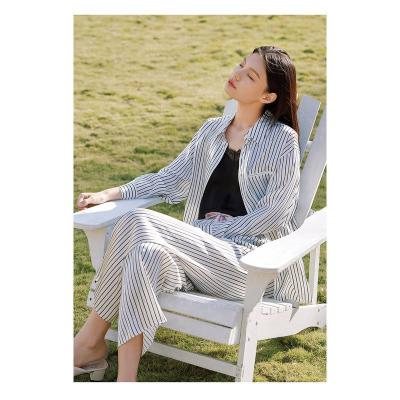 China Striped Silk Shirt & Pants Pajama Set - Women's Button-Down Lounge Sleepwear for sale