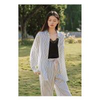 China Striped Silk Shirt & Pants Pajama Set - Women's Button-Down Lounge Sleepwear for sale
