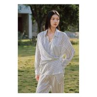 China Striped Silk Shirt & Pants Pajama Set - Women's Button-Down Lounge Sleepwear for sale