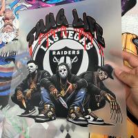 China Custom Las Vegas Raiders Halloween DTF Sticker Iron On PVC Vinyl for T Shirts 150C Heat Press for sale