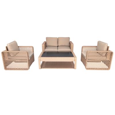 China Factory New Style Set of 4 Garland Weaving Rattan Wicker Garden Leisure Conversation Coffee Table Sofa Set for sale