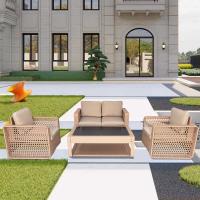 China Factory New Style Set of 4 Garland Weaving Rattan Wicker Garden Leisure Conversation Coffee Table Sofa Set for sale