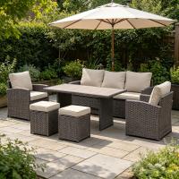 China 6 Pieces Patio Dining Set All Weather Wicker Furniture Steel Frame Rattan Dining Table and Chair Poly Wooden Table Top for sale
