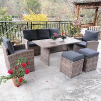 China 6 Pieces Patio Dining Set All Weather Wicker Furniture Steel Frame Rattan Dining Table and Chair Poly Wooden Table Top for sale