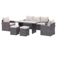 China 6 Pieces Patio Dining Set All Weather Wicker Furniture Steel Frame Rattan Dining Table and Chair Poly Wooden Table Top for sale