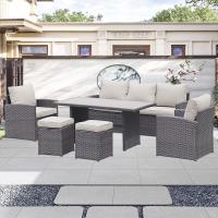 China 6 Pieces Patio Dining Set All Weather Wicker Furniture Steel Frame Rattan Dining Table and Chair Poly Wooden Table Top for sale