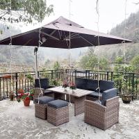China 6 Pieces Patio Dining Set All Weather Wicker Furniture Steel Frame Rattan Dining Table and Chair Poly Wooden Table Top for sale