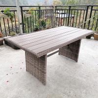 China 6 Pieces Patio Dining Set All Weather Wicker Furniture Steel Frame Rattan Dining Table and Chair Poly Wooden Table Top for sale