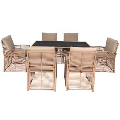 China Outside Rattan Dining Table and Chairs 7 Pieces Set PE Wicker Poly Wooden Table Top Garden Patio Balcony Furniture Set for sale