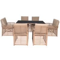 China Outside Rattan Dining Table and Chairs 7 Pieces Set PE Wicker Poly Wooden Table Top Garden Patio Balcony Furniture Set for sale