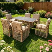 China Outside Rattan Dining Table and Chairs 7 Pieces Set PE Wicker Poly Wooden Table Top Garden Patio Balcony Furniture Set for sale