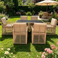 China Outside Rattan Dining Table and Chairs 7 Pieces Set PE Wicker Poly Wooden Table Top Garden Patio Balcony Furniture Set for sale