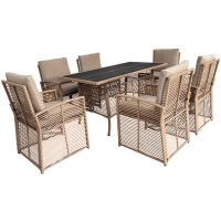 China Outside Rattan Dining Table and Chairs 7 Pieces Set PE Wicker Poly Wooden Table Top Garden Patio Balcony Furniture Set for sale