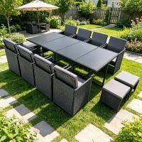 China Wholesale 11 Pieces Leisure Sets With Furniture Cover Space Saving Rattan Outdoor Dining Sets Table and Chairs Stool for sale