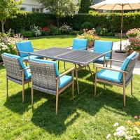 China Outdoor Furniture for Restaurant Dining Home Steel Frame Feet Heat Transfer Printing Wood Grain Table and Chairs for sale