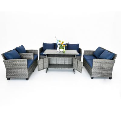 China All Weather 5 Pieces Patio Furniture Set with Navy Blue Cushions Garden Backyard Storage Table Outdoor Wicker Conversation Set for sale